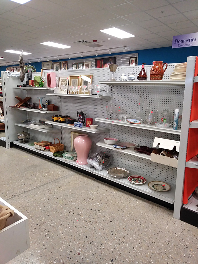 Glassware and decorative items line the shelves, each piece with a story. That pink vase might have graced someone's wedding table decades ago. 