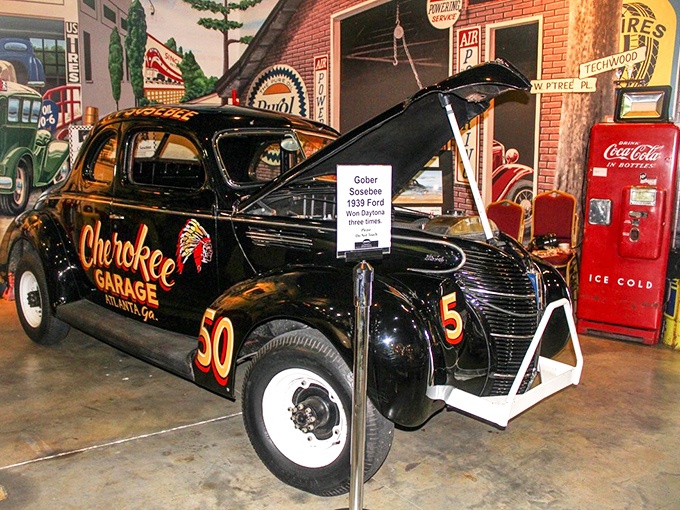 The Cherokee Garage 1939 Ford wears its history proudly. This isn't just an antique car&mdash;it's the mechanical grandfather of modern NASCAR, preserved in gleaming black.