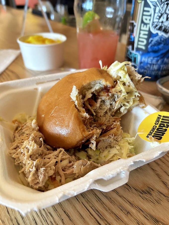 Half-eaten evidence of deliciousness. This Hawaiian BBQ chicken bun doesn't stand a chance against hungry diners&mdash;it's the "gone in 60 seconds" of sandwiches.