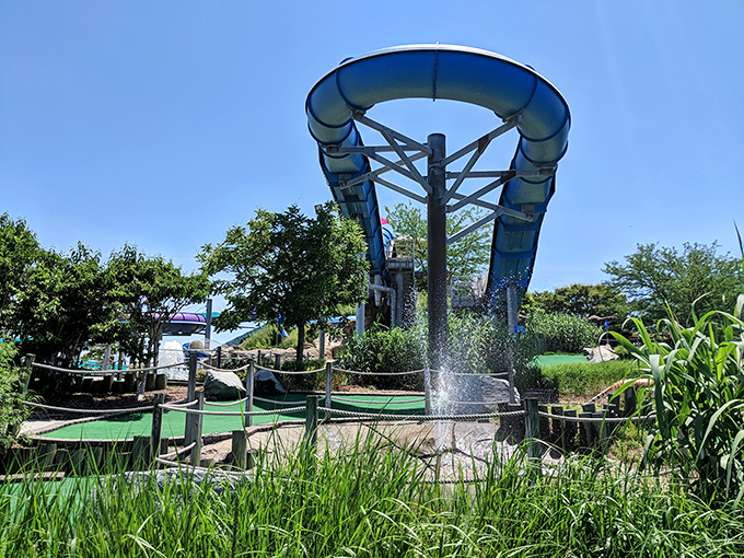 The ultimate summer challenge awaits &ndash; this towering water slide promises an exhilarating journey culminating in an unforgettable splash landing.