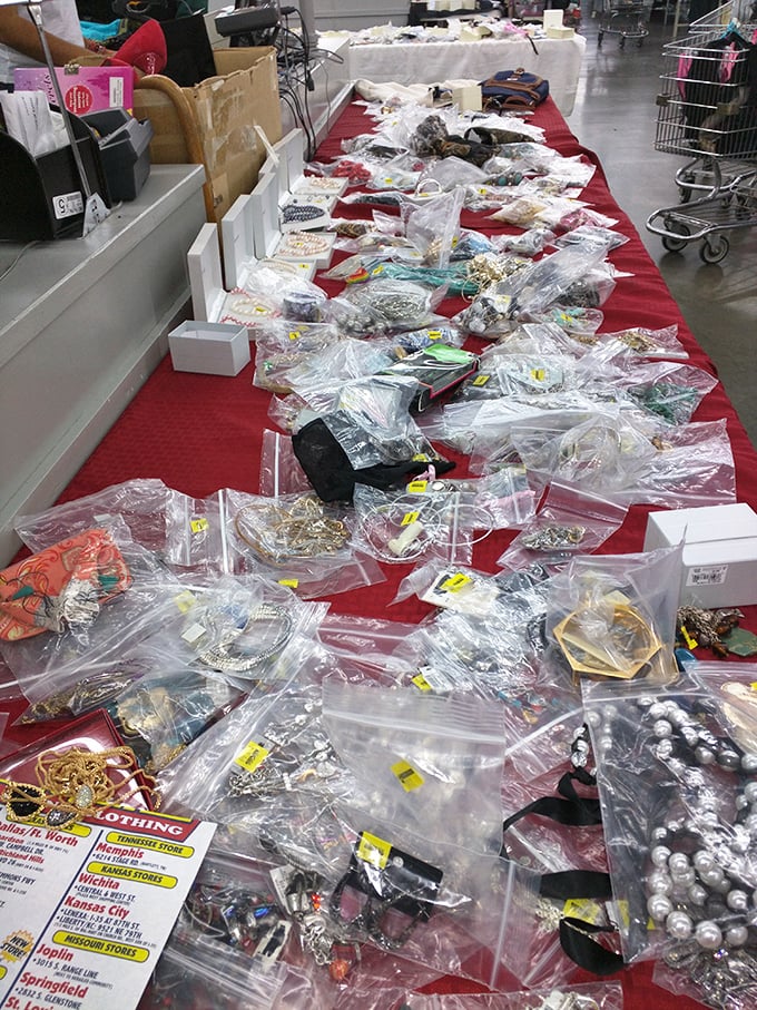 Treasure hunting takes on new meaning at the jewelry table. Each plastic bag holds potential statement pieces waiting for their moment to shine.