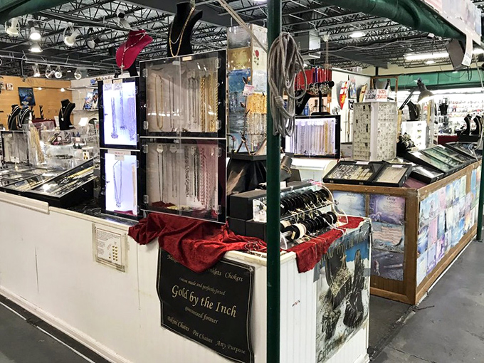 "Gold by the Inch" and treasures by the yard. This jewelry stall transforms browsers into magpies, drawn to all things shiny.