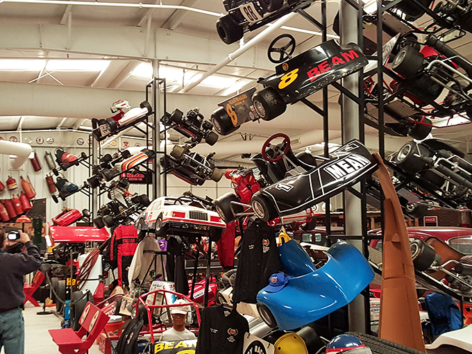 The go-kart display reminds us that every racing legend started small&mdash;perhaps on something not so different from these colorful mini-racers.