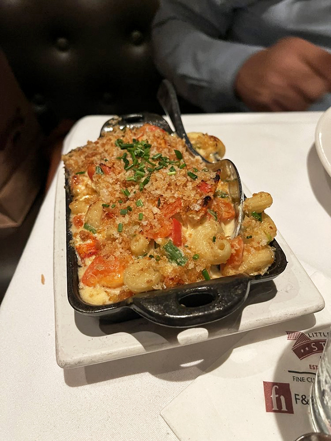 Mac and cheese gets dressed for the red carpet with a crispy breadcrumb tuxedo. Comfort food that clearly went to finishing school.