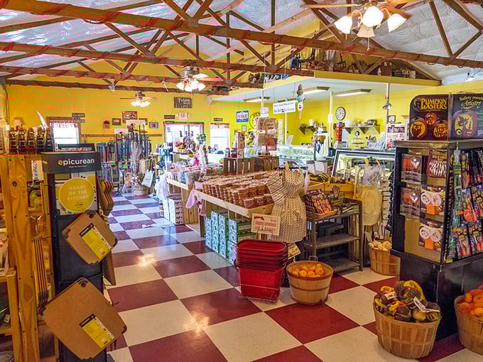 Inside this local market, every aisle tells a story of community, from the checkered floor to the ceiling beams that have witnessed generations of shoppers.