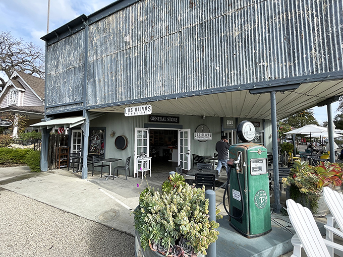 The Los Olivos General Store perfectly captures that moment when rural practicality meets wine country sophistication. That vintage gas pump isn't pumping gas anymore.