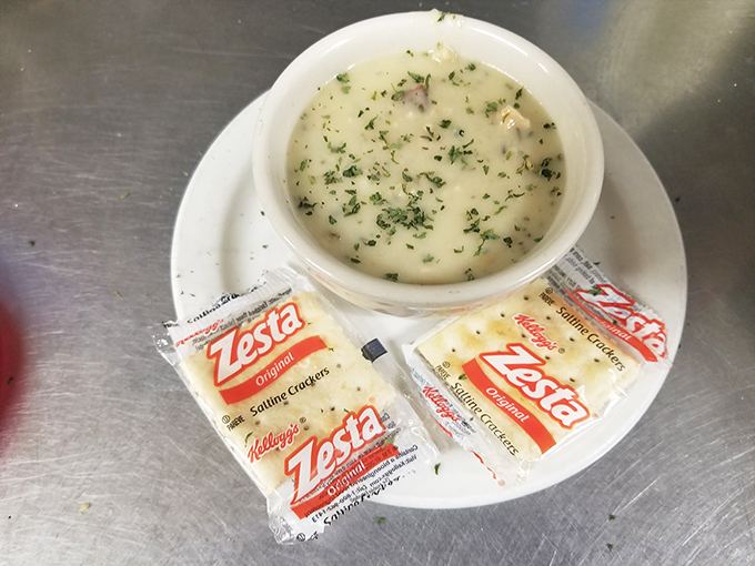 Clam chowder with Zesta crackers: New England tradition meets Florida hospitality in a bowl of creamy nostalgia.