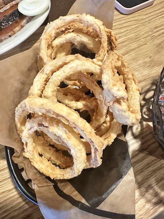 Onion rings stacked like delicious golden halos. If angels ate appetizers, this is what they'd order.