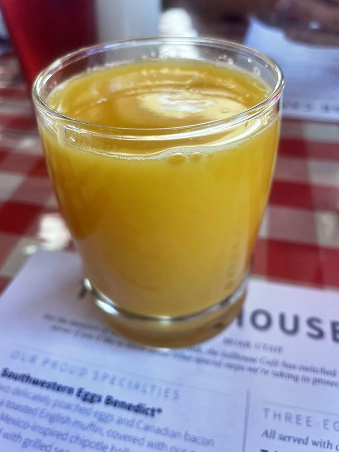 Orange juice so fresh it deserves its own parole hearing&mdash;liquid sunshine that makes coffee share the spotlight.