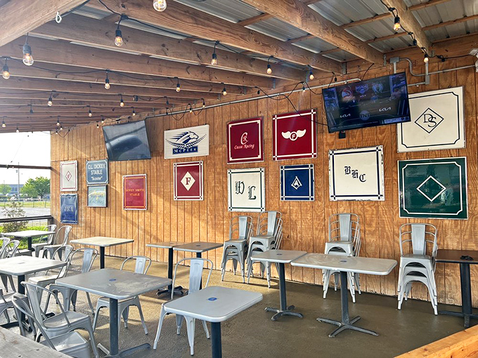 The outdoor seating area showcases racing silks like Picasso paintings—a colorful museum where coffee replaces admission tickets.