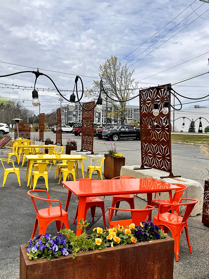 Al fresco dining with personality—vibrant yellow and coral furniture that makes waiting for your tacos feel like a mini vacation south of the border.