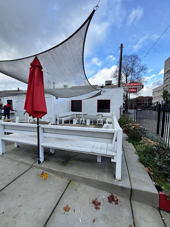Al fresco dining, Sacramento-style. This charming outdoor space offers the perfect setting for savoring burgers under California skies.
