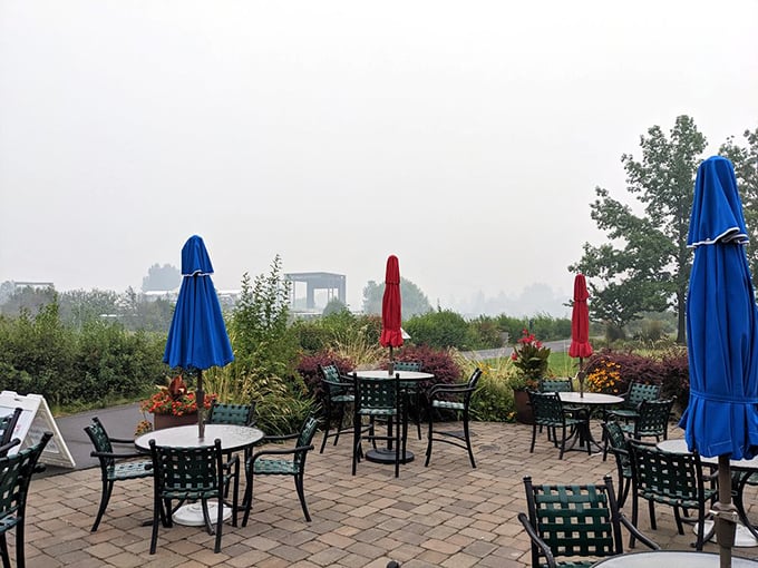 Al fresco perfection awaits under blue umbrellas. Anthony's outdoor patio offers brick-paved dining with nature's soundtrack playing softly in the background.