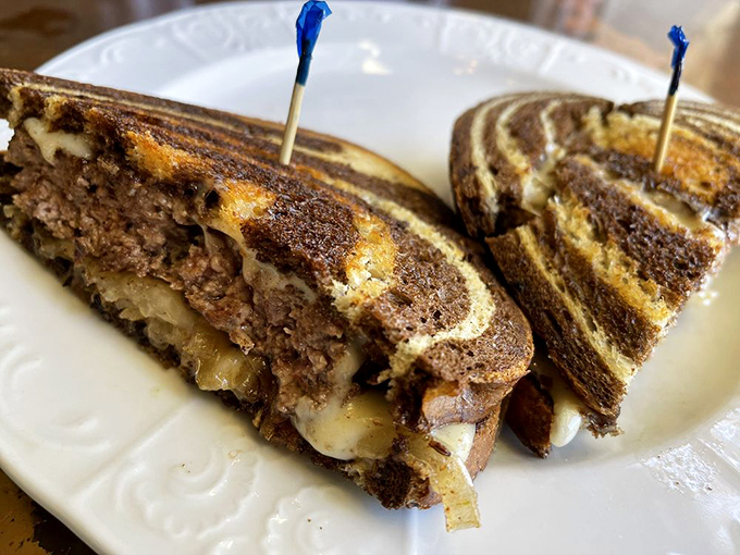 The humble patty melt elevated to art form. That marble rye and melted cheese are having the kind of relationship we all aspire to.