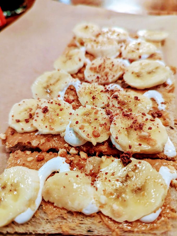 Peanut butter banana toast that Elvis would approve of. Breakfast or dessert? The beauty is you don't have to choose.