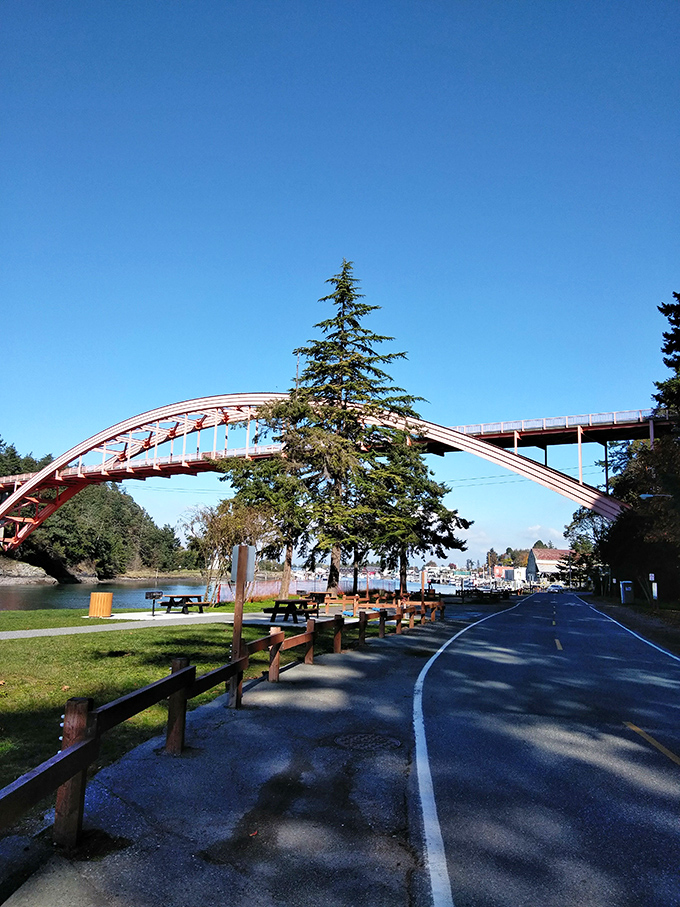 Pioneer Park offers that perfect vantage point where the Rainbow Bridge arches gracefully over blue waters like a rusty rainbow.
