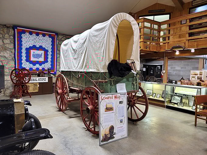 Inside the Pony Express Museum, history isn't behind glass &ndash; it's tangible. This covered wagon represents America's first transcontinental communication system, minus the data charges.