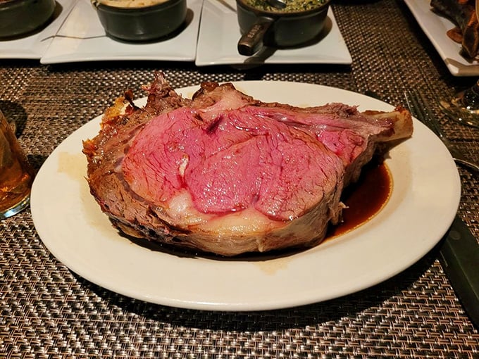 Prime rib so perfectly pink it looks photoshopped. The kind of dish that turns dinner conversation into appreciative grunts of pleasure.