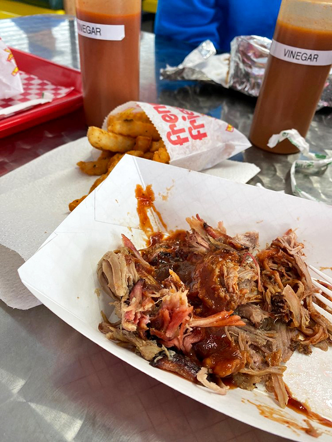 Pulled pork dressed in sauce, with fries standing by for the assist. This is the kind of lunch that makes afternoon meetings mysteriously disappear from calendars.