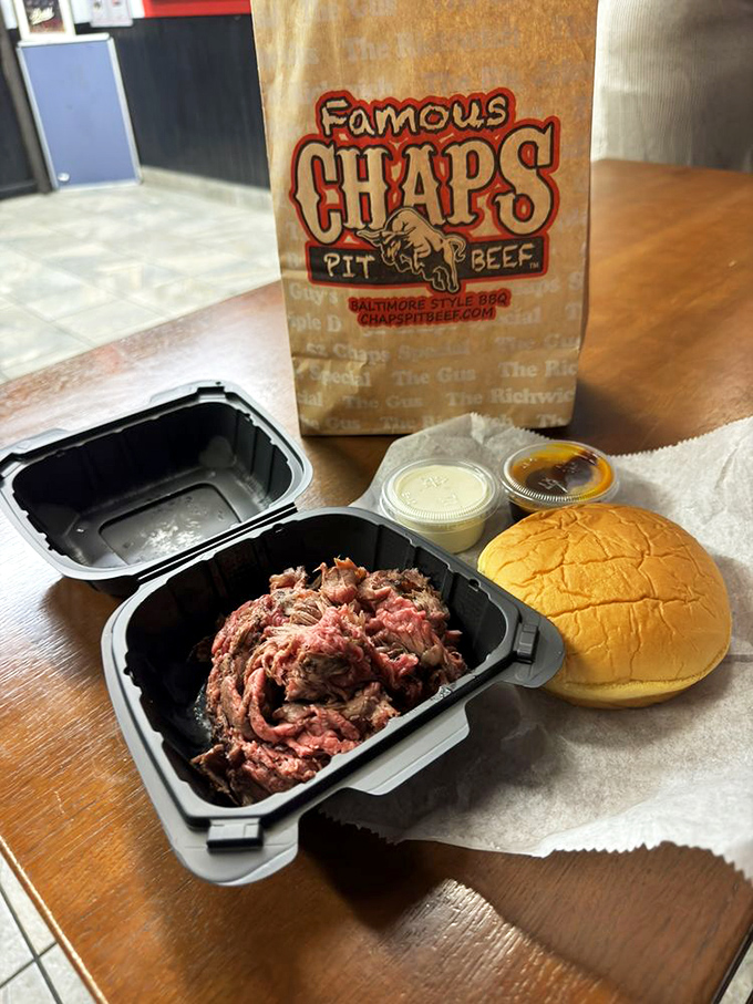 Deconstructed perfection&mdash;build your own sandwich with this mountain of freshly sliced pit beef, a roll, and those magical sauces.