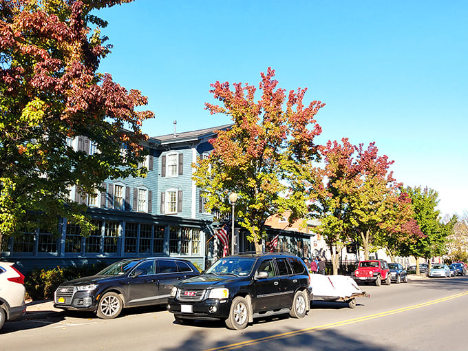 Brick buildings and vintage lampposts that wouldn't look out of place in a Norman Rockwell painting. Main Street, USA alive and thriving in 2023.
