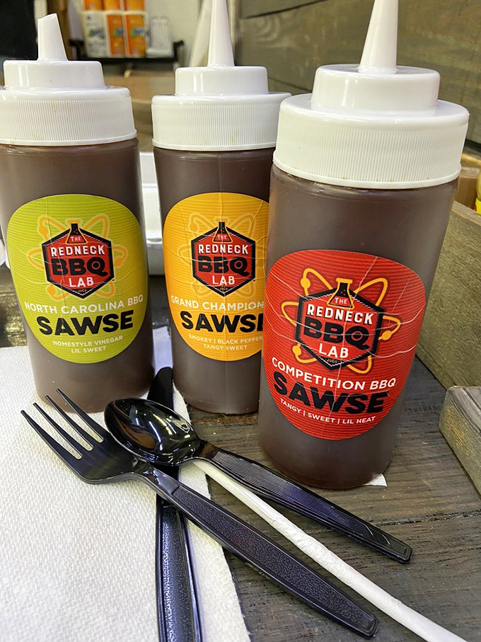 The sauce trilogy &ndash; each bottle a different chapter in the same delicious story, offering vinegar tang, sweet heat, or championship flavor.