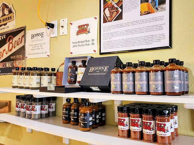 A wall of sauces and rubs that says, "Take the magic home with you," though nothing quite captures the smoky perfection.