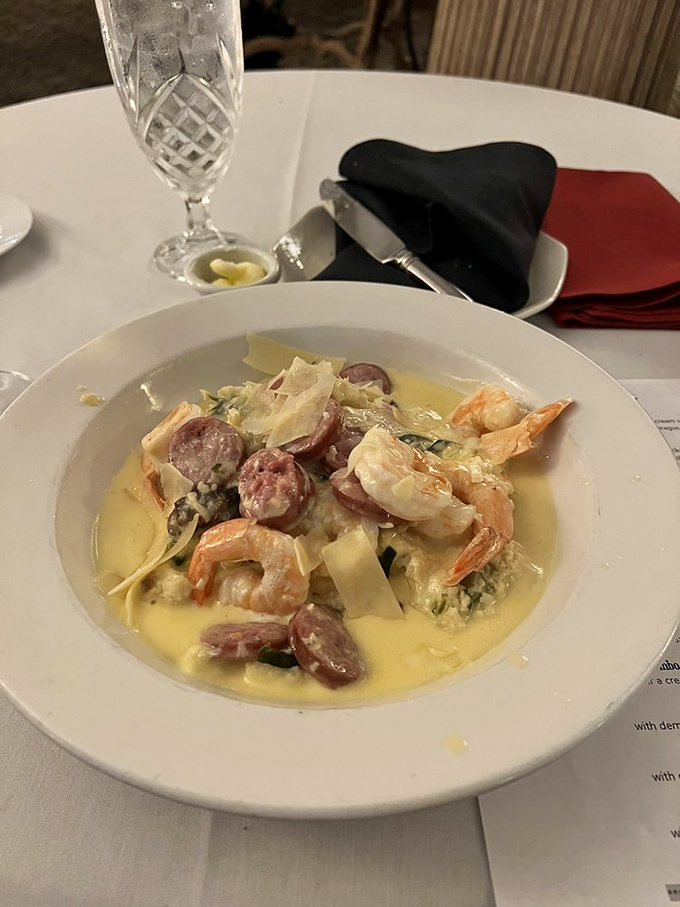 Shrimp and Andouille sausage swimming in a creamy sauce that's clearly been simmering since breakfast. This is why people write songs about Southern food.