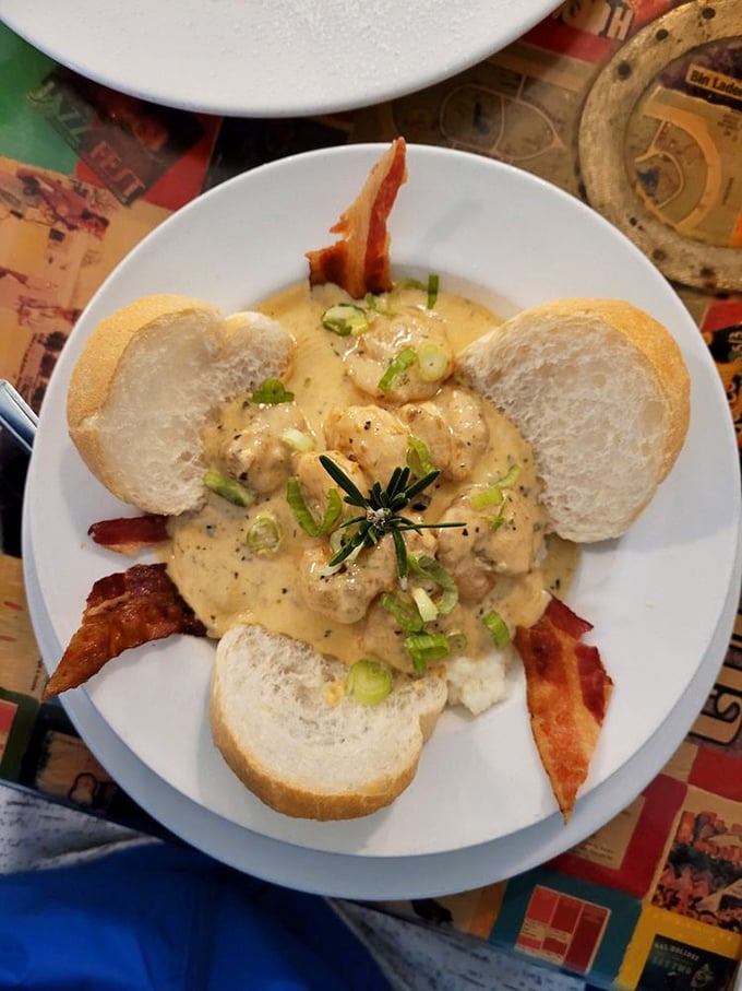 Shrimp and grits surrounded by bread sentinels &ndash; a Southern classic executed with the reverence it deserves, making Yankees reconsider their life choices.