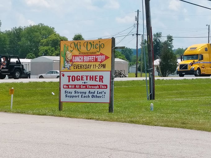The roadside sign announces not just a lunch buffet but a community spirit that reminds you why small-town restaurants often have the biggest hearts.