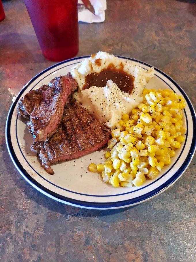 Medium-rare perfection that would make steakhouses three times the price blush with envy. That corn side isn't just playing along&mdash;it's a star.