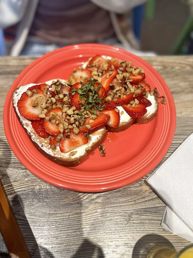 Toast elevated to art form&mdash;those strawberries aren't just ingredients, they're jewelry adorning this breakfast masterpiece.