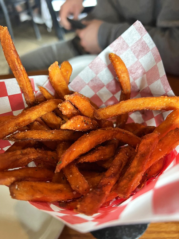 Sweet potato fries that achieve the impossible balance of crispy exterior and tender interior&mdash;the supporting actor that steals the show.