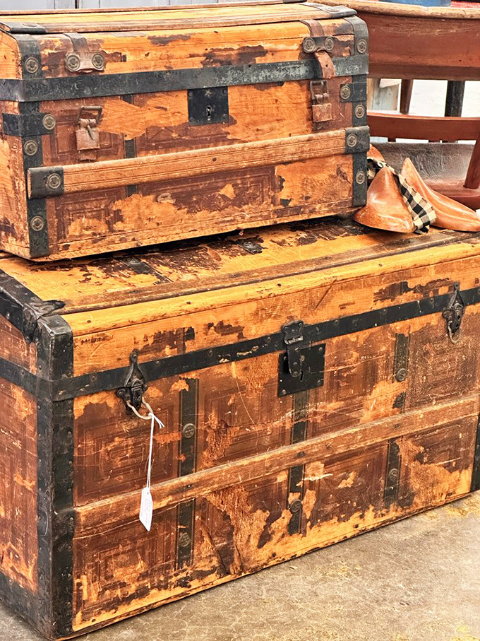 These weathered trunks once carried someone's entire life across oceans or continents. Now they guard new treasures in living rooms across Virginia.