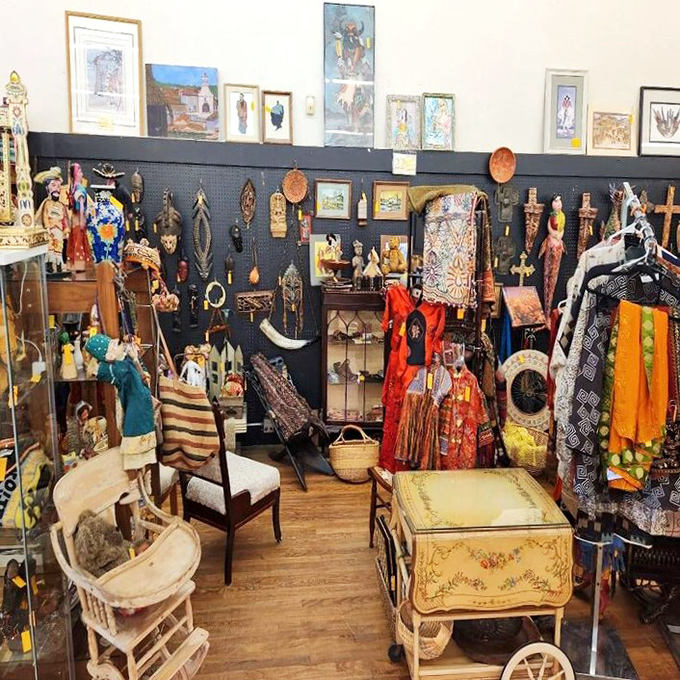 A cultural cornucopia where folk art, textiles, and figurines create a museum-worthy display of Southwestern heritage.