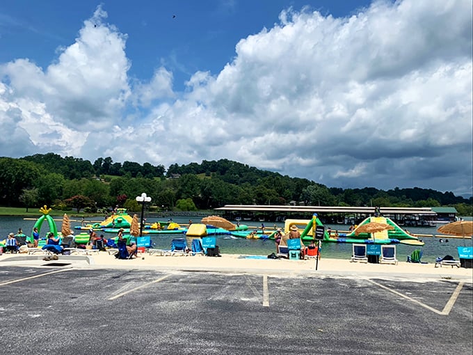 That moment of contemplation before attempting the water park challenge. The dock serves as both launching pad and "I'll just watch from here" station.