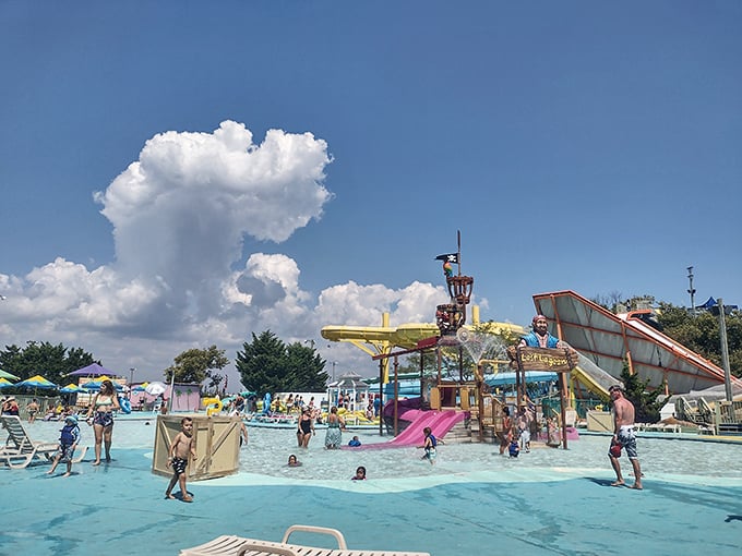 Families cool off in the wave pool, experiencing ocean-like swells without the surprise exfoliation of sand in uncomfortable places.