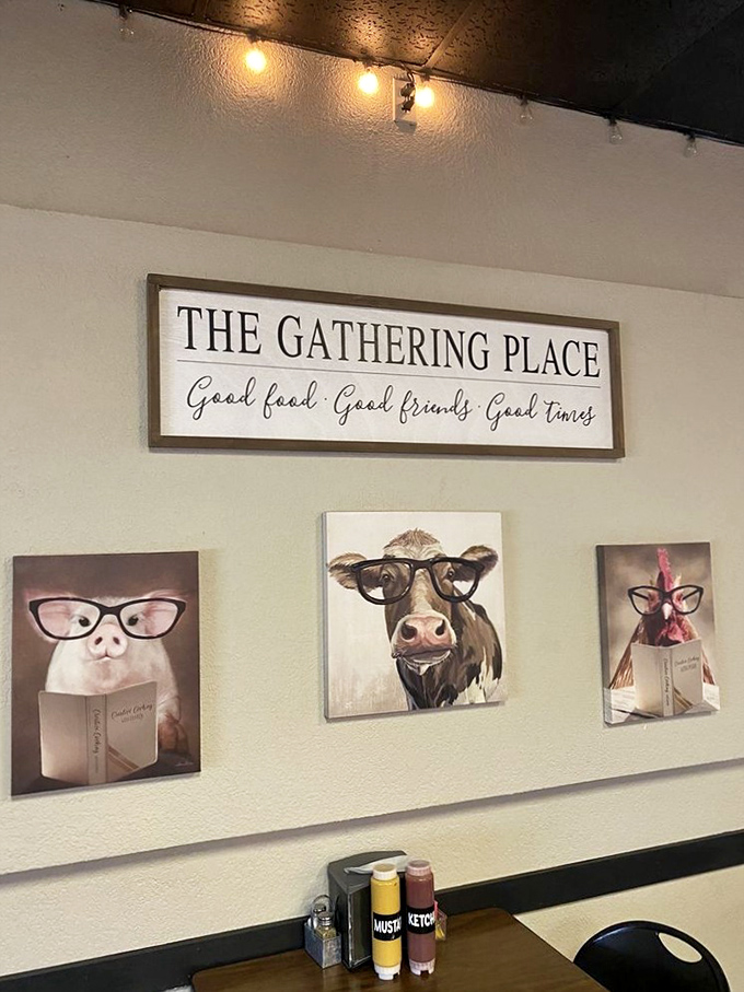 "The Gathering Place" isn't just a sign&mdash;it's truth in advertising. Those animals with glasses? They're judging your sauce choices.