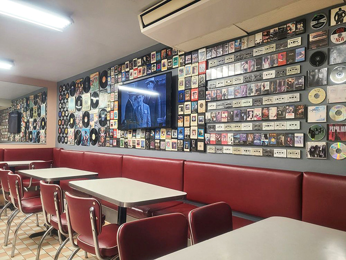 The wall of vintage records and cassettes creates a visual soundtrack to your meal&mdash;a museum of music history you can enjoy between bites.