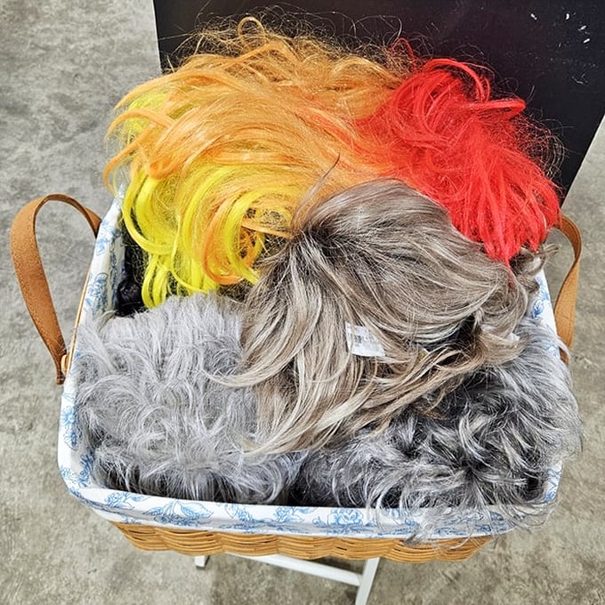 The wig basket: where Halloween meets midlife crisis meets theater production. Your new personality is just a try-on away!