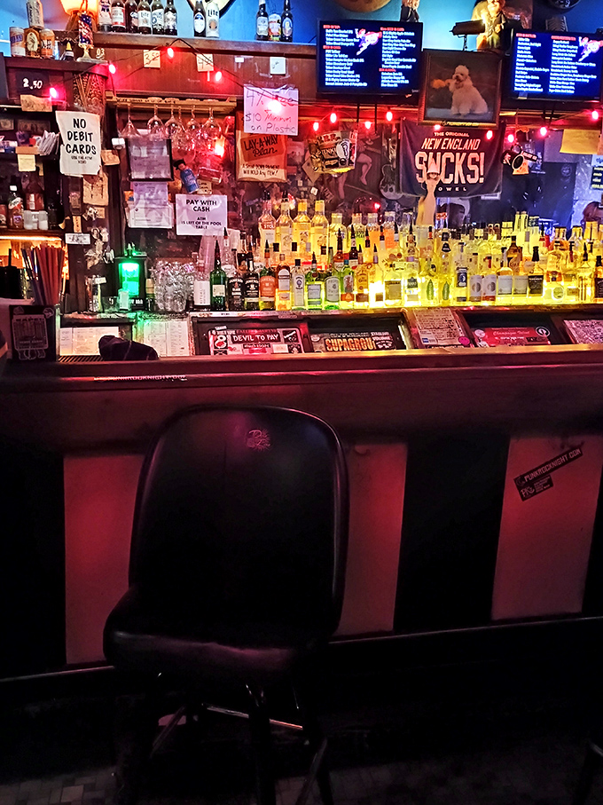 The illuminated bottles create a stained-glass effect, turning ordinary liquor into something almost sacred in this temple of sound.