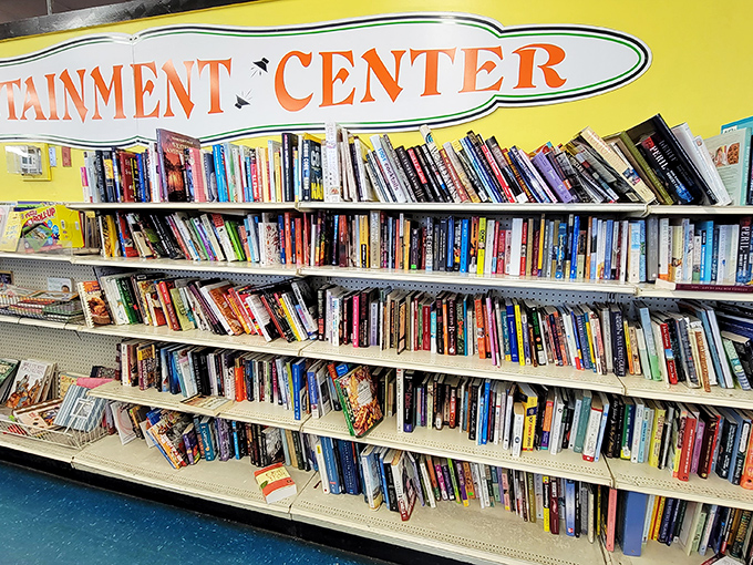 9. booksaThe "Entertainment Center" indeed! These shelves hold countless worlds, adventures, and escapes&mdash;all for less than the price of a streaming subscription.