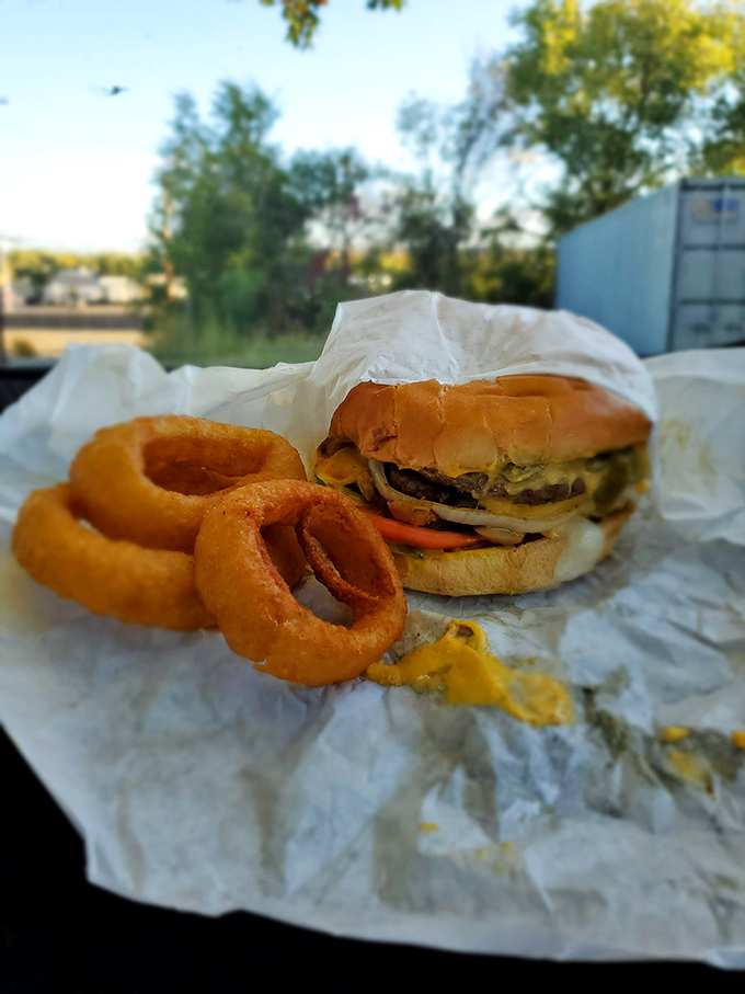 Picnic perfection: a classic cheeseburger with those magnificent rings of fried onion glory, enjoyed in the New Mexico sunshine.