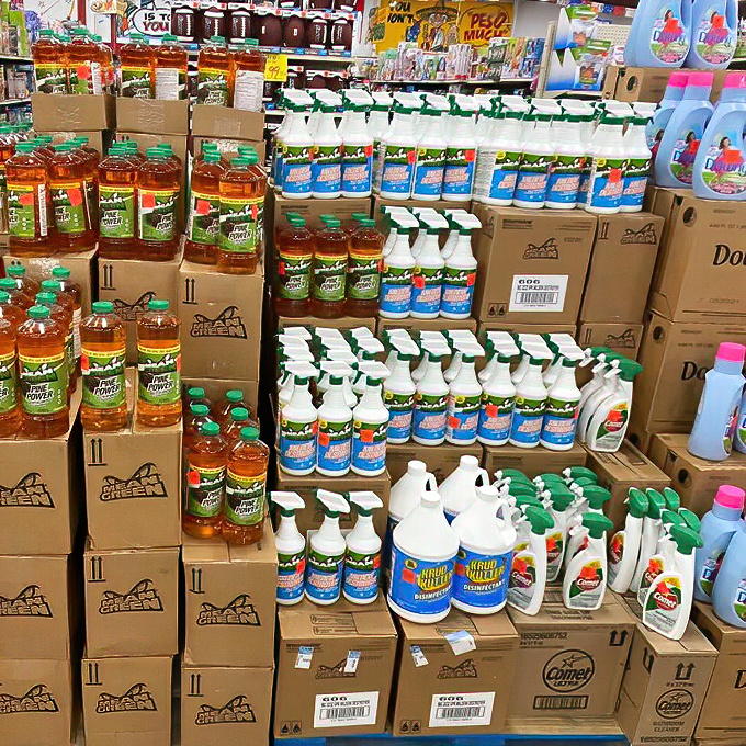 Cleaning supplies stack to the ceiling like a fortress against grime, with enough Pine-Sol to make your home smell like a forest for the next decade.