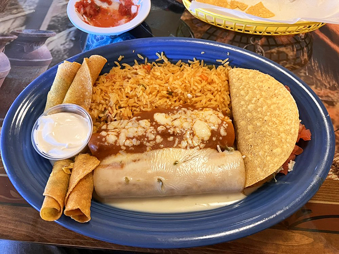 The combination platter isn't indecision&mdash;it's strategic dining. Rice, beans, burrito, taquitos, and a taco all harmonizing like a mariachi band of flavors.