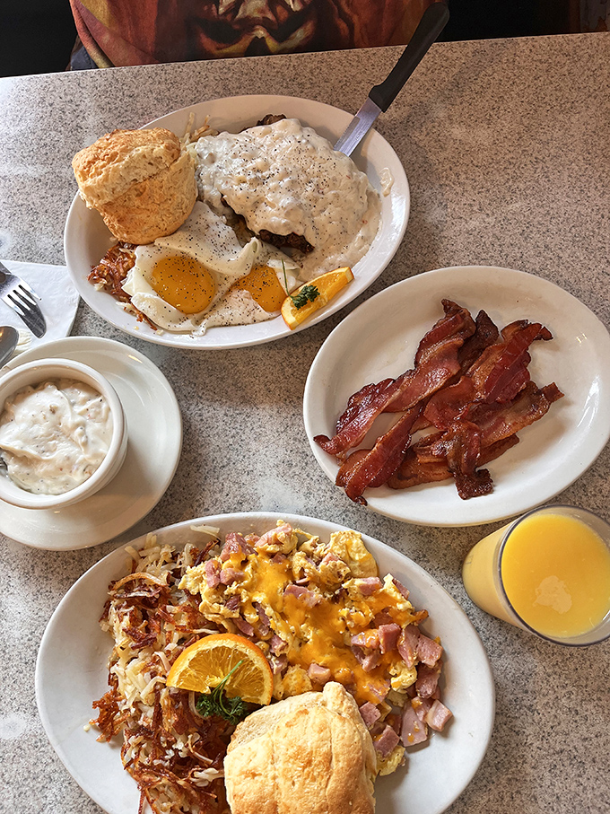 Country fried steak with gravy alongside eggs and fixings&mdash;the kind of breakfast that makes you want to take a nap, then return for dinner.