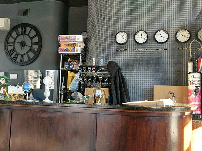 The counter area, with its multiple clocks, seems to suggest it's always time for a cheesesteak&mdash;and who am I to argue?