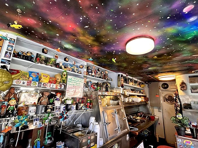 Every inch of wall space tells a story of beloved galaxies far, far away. It's like someone's joy collection escaped and took over the restaurant.