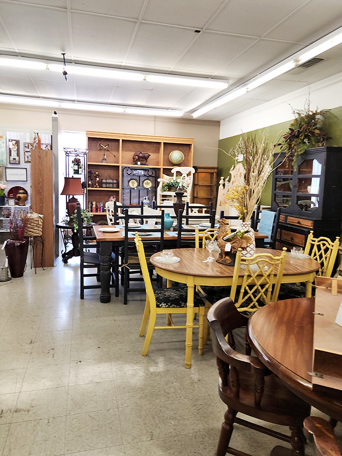 A dining furniture showroom where those sunny yellow chairs could turn Sunday pancakes into an event worth documenting.