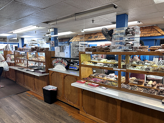 Decisions, decisions! The wooden display cases offer a choose-your-own-adventure of confectionery delights that would challenge even the most decisive candy lover.